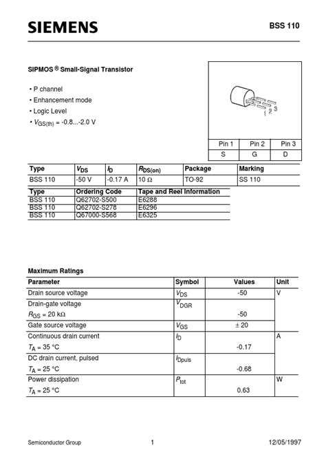Bss110 Datasheet Bss110 Siemenssemiconductor Pdf Sipmos Small Signal Transistor Siemens