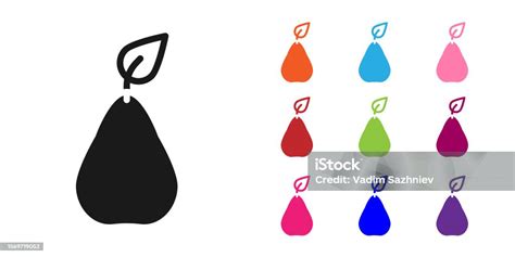 흰색 배경에 격리 된 블랙 배 아이콘 잎 기호와 과일 다채로운 아이콘을 설정합니다 벡터 0명에 대한 스톡 벡터 아트 및 기타