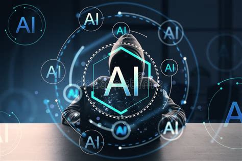 Anonymous Hacker In Hoodie Sitting At Desk With Glowing Ai Symbols In