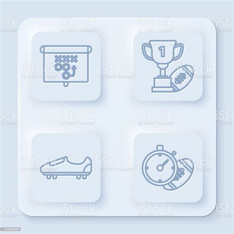 세트 라인 계획 전략 개념 어워드 컵과 미식 축구 공 스파이크와 미식 축구 공과 스톱 워치축구 또는 축구 신발 흰색 정사각형