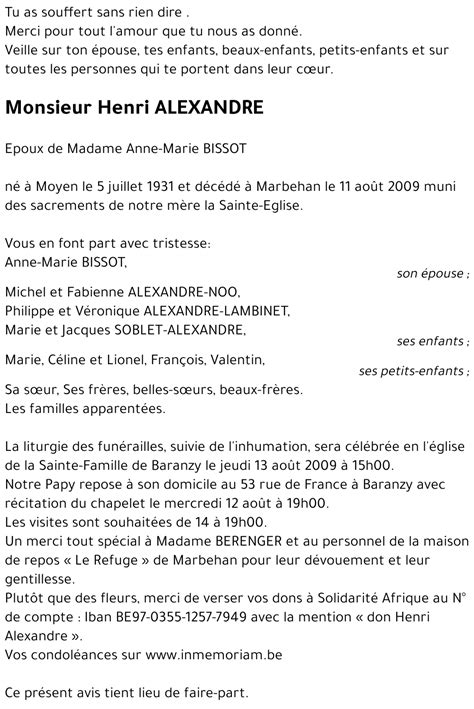 Avis De Décès De Henri Alexandre Décédé Le 11082009 à Houdemont