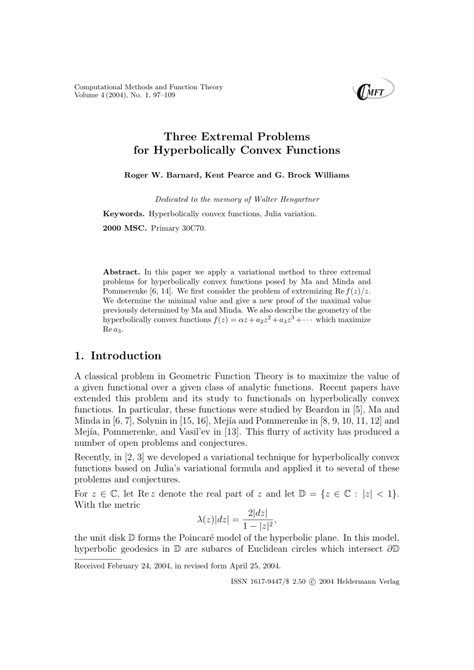 Pdf Three Extremal Problems For Hyperbolically Convex Functions