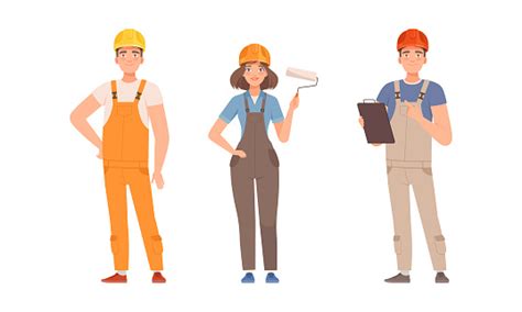 핸디맨 또는 픽서로 숙련 된 남자와 여자 착용 전반적인 유지 페인트 롤러 와 클립 보드 에 종사 홈 수리 작업 벡터 세트 Diy에 대한 스톡 벡터 아트 및 기타 이미지