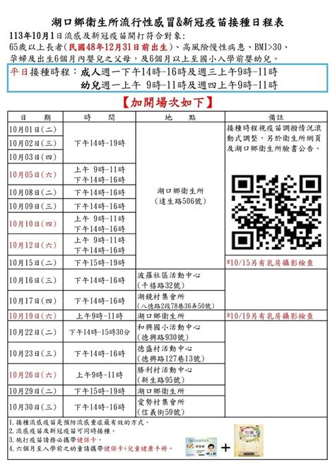 湖口鄉衛生所 湖口鄉衛生所10月流感新冠疫苗注射時程表。 第一階段接種對象101開打：