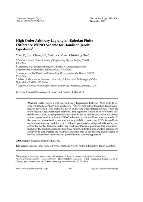 Global Science Press High Order Arbitrary Lagrangian Eulerian Finite Difference Weno Scheme For