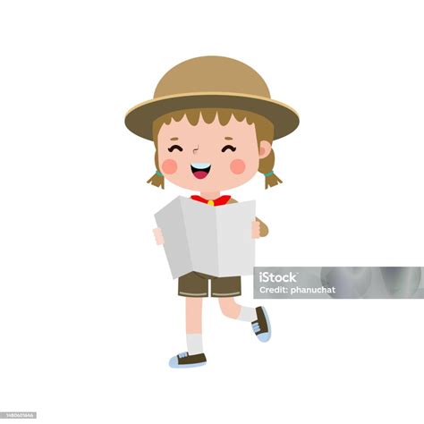지도 보이 스카우트 또는 걸 스카우트 명예 유니폼 아이 여름 캠프 행복 한 어린이 만화 평면 문자 고립 된 벡터 일러스트 레이