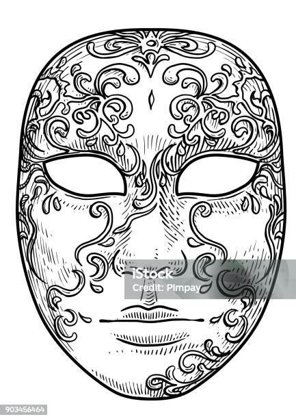 베네 치안 마스크 일러스트 레이 션 드로잉 판화 잉크 라인 아트 벡터 베네치아 이탈리아에 대한 스톡 벡터 아트 및 기타 이미지 베네치아 이탈리아 라인아트