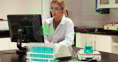 Image Of Scientific Data Processing Over Caucasian Female Lab Worker