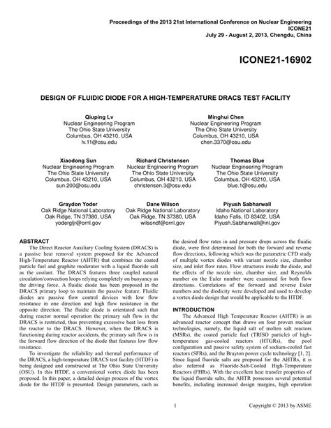 Pdf Design Of Fluidic Diode For A High Temperature Dracs Test Facility