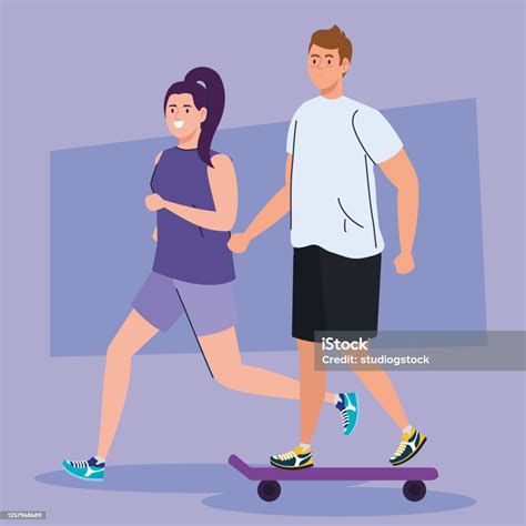 스포츠 연습 하는 사람들 여자 실행 하 고 스케이트 보드에서 남자 사람들 운동 선수 건강한 생활방식에 대한 스톡 벡터 아트 및 기타 이미지 건강한 생활방식 경쟁 남자