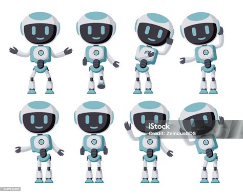 로봇 캐릭터 벡터 세트 디자인 인공 기술을 위해 서서 손을 흔들고 엄지손가락을 치켜드는 포즈와 제스처를 가진 로봇 캐릭터 로봇에
