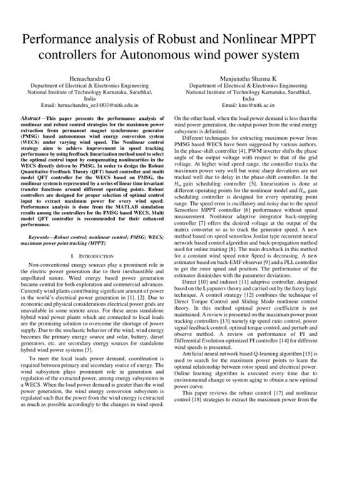 Pdf Performance Analysis Of Robust And Nonlinear Mppt Controllers For Autonomous Wind Power System