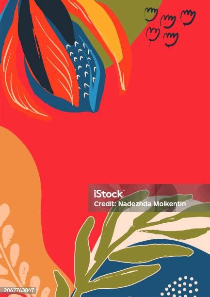 자연 모티브 꽃 와 나뭇잎 현대 추상 스타일의 벡터 포스터 디자인을 위한 템플릿 0명에 대한 스톡 벡터 아트 및 기타 이미지