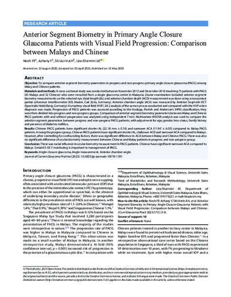 Pdf Anterior Segment Biometry In Primary Angle Closure Glaucoma Patients With Visual Field