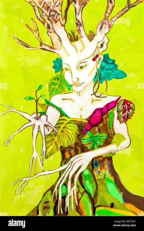 A Magical Creature Consisting Of A Woman And A Tree A New Tree Grows In Her Hand Vector