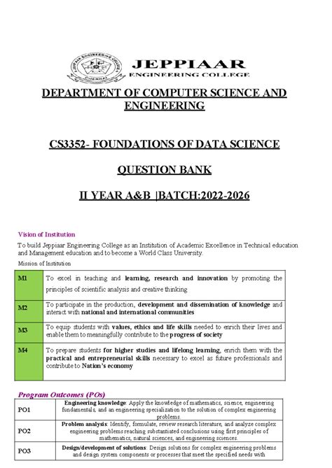 Cs3352 Foundations Of Data Science Department Of Computer Science And Engineering Cs3352