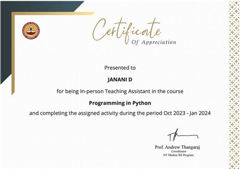 Janani D On Linkedin I Am Excited To Announce The Completion Of My Python Taship At Iitm Bs