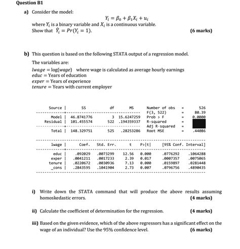 [get answer] question b1 consider the model yi bo bxi ui where yi is binary variable and xi is
