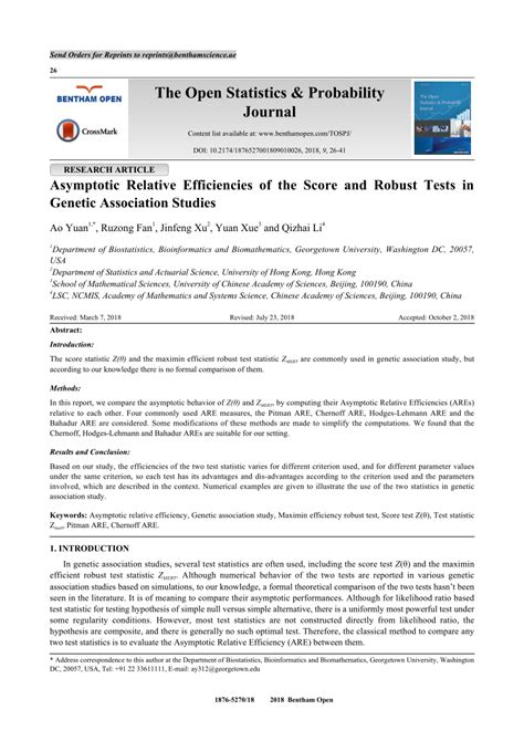Pdf Asymptotic Relative Efficiencies Of The Score And Robust Tests In