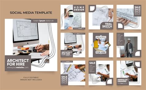 소셜 미디어 템플릿 배너 하우스 아키텍처 서비스 프로모션 완전히 편집 가능한 인스 타 그램 및 페이스 북 사각형 포스트 프레임 퍼즐 유기 판매 포스터 프리미엄 벡터