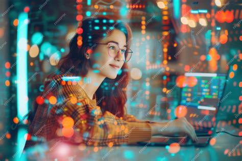Young Woman Programmer Working Laptop Neon Lights Code Tech Innovation