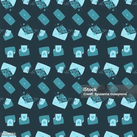 꽃과 하트 모양이 있는 봉투는 완벽 한 패턴입니다 메시지 편지 파란색 흑백 끝없는 배경 벡터 일러스트 레이 션입니다 전자메일에