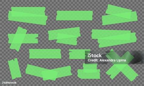 녹색 투명 접착 테이프의 벡터 세트입니다 덕트 테이프 스트립 마스킹 테이프의 찢어진 조각이 투명한 배경에 격리되어 있습니다 3