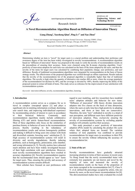 Pdf A Novel Recommendation Algorithm Based On Diffusion Of Innovation Theory