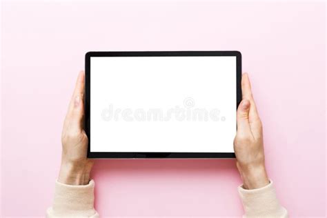 Female Teen Hands Using Tablet Pc With White Screen Mockup Image Of