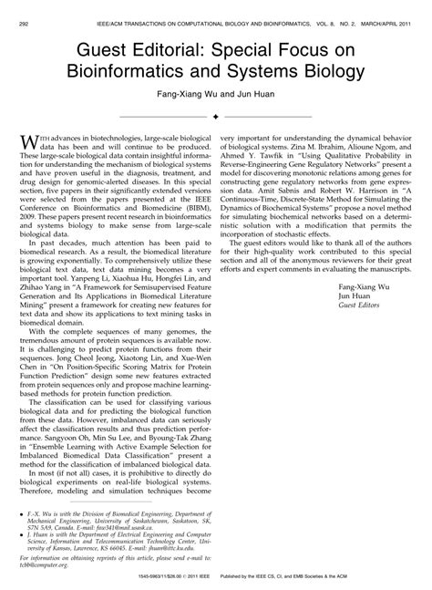 Pdf Guest Editorial Special Focus On Bioinformatics And Systems Biology