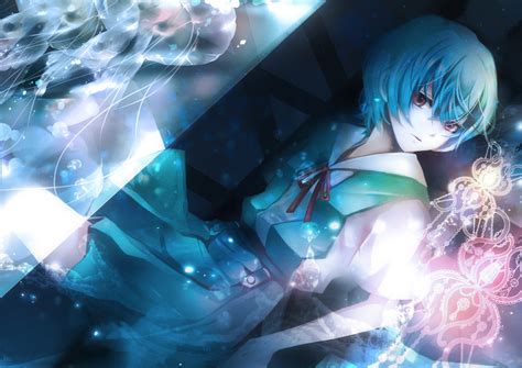Ayanami Rei Blue Hair Neon Genesis Evangelion Red Eyes School Uniform