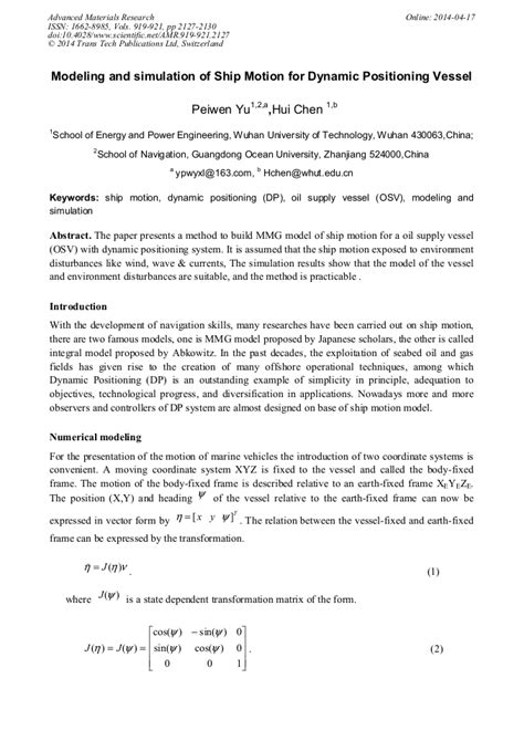 modeling and simulation of ship motion for dynamic positioning vessel