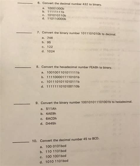 Solved 6 Convert The Decimal Number 432 To Binary A