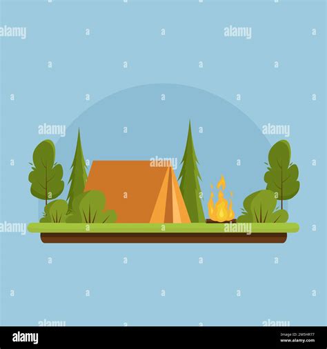 Camping Day Landscape With A Orange Tent Near Bonfire Banner For
