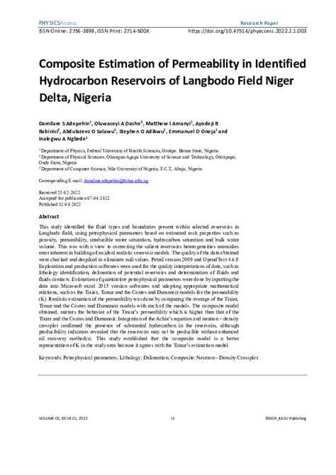 Pdf Composite Estimation Of Permeability In Identified Hydrocarbon Reservoirs Of Langbodo