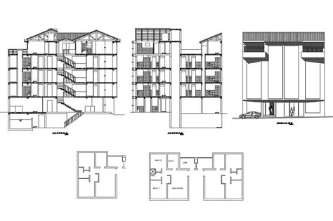 Multi Story Apartment Building All Sided Elevation Section And Auto Cad Details Dwg File Cadbull