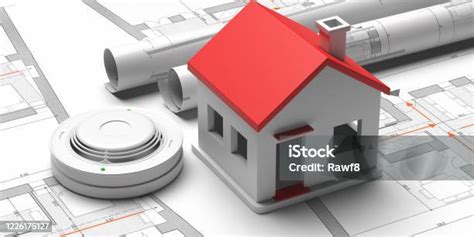 청사진 그리기 배경에 연기 감지기와 작은 집 화재 안전 시스템 3d 일러스트레이션 불에 대한 스톡 사진 및 기타 이미지 불 안전 순서 Istock