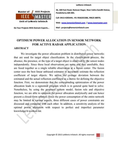 Optimum Power Allocation In Sensor Network For Active Radar Application Pdf Computer