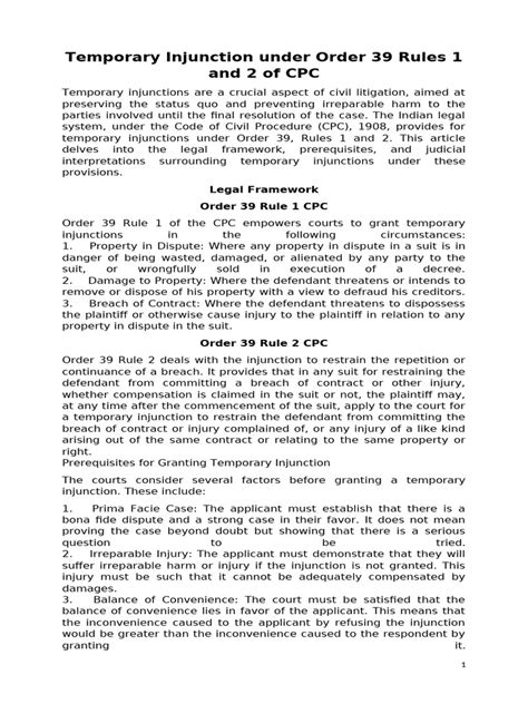 Temporary Injunction Under Order 39 Rules 1 And 2 Of Cpc Pdf Lawsuit Injunction