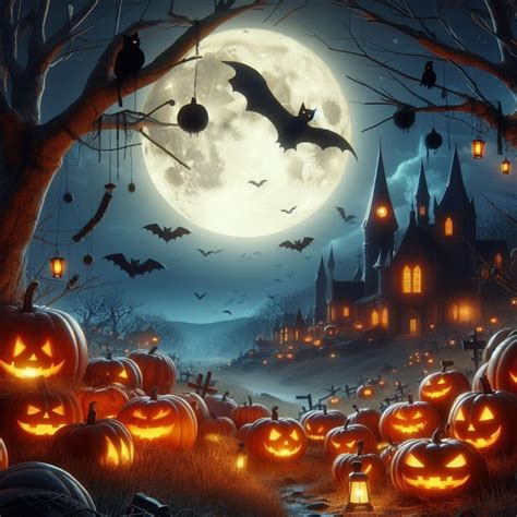 Premium Photo Halloween Pumpkin Bats Horror Background In Night Moon