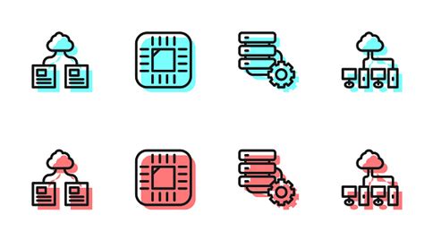 라인 서버 및 기어 클라우드 기술 데이터 전송 Cpu 및 컴퓨터 네트워크 아이콘이 있는 프로세서를 설정합니다 벡터 Cpu에 대한