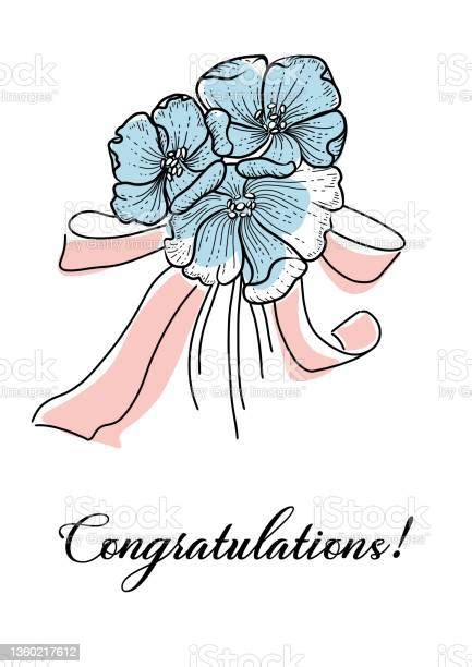 휴일에 비문이 새겨진 인사말 카드 파란색 꽃과 분홍색 리본이 있는 엽서 손에 대한 스톡 벡터 아트 및 기타 이미지 손 개화기 그래픽 프린트 Istock