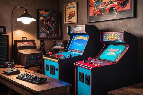Vintage Gamer Setup With Classic Arcade Machines And Joystick