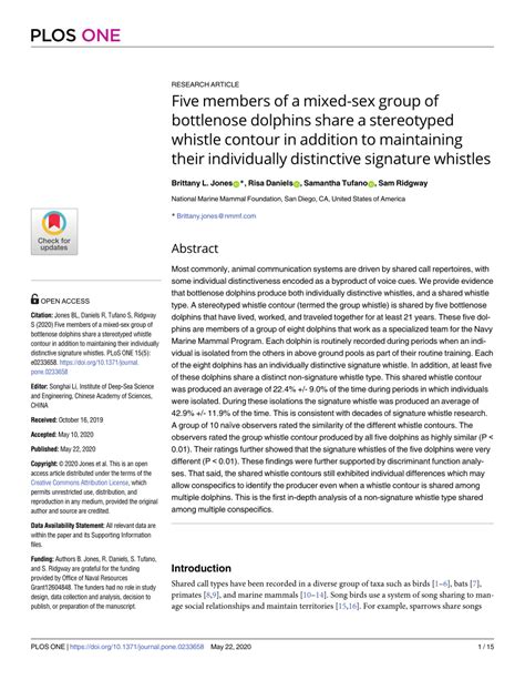 Pdf Five Members Of A Mixed Sex Group Of Bottlenose Dolphins Share A Stereotyped Whistle