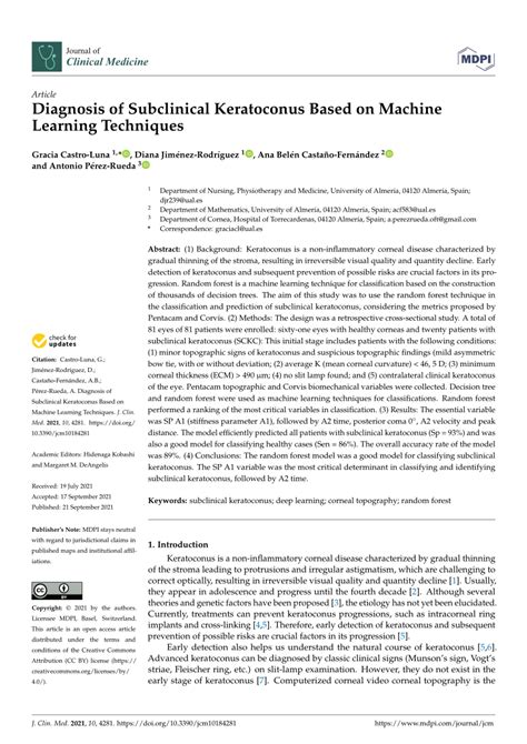 Pdf Diagnosis Of Subclinical Keratoconus Based On Machine Learning Techniques