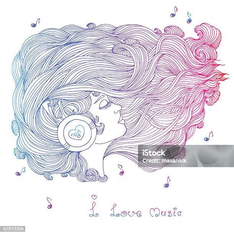 벡터 페인트 멀티컬러 인물사진 와 함께 있는 여자아이 웨이브 머리 중 헤드폰 듣기에 대한 스톡 벡터 아트 및 기타 이미지 듣기 미술품 벡터 Istock