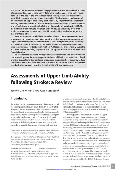 Pdf Assessments Of Upper Limb Ability Following Stroke A Review