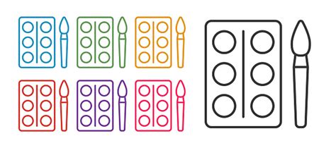 흰색 배경에 분리된 페인트 브러시 아이콘이 있는 상자에 라인 수채화 물감을 설정합니다 아이콘을 화려하게 설정합니다 벡터