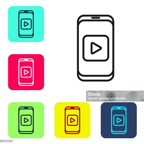 검은 선 온라인 흰색 배경에 격리 된 비디오 아이콘을 재생합니다 재생 기호와 스마트 폰 과 필름 스트립 색상 정사각형 버튼으로 아이콘을 설정합니다 벡터 일러스트레이션 검은