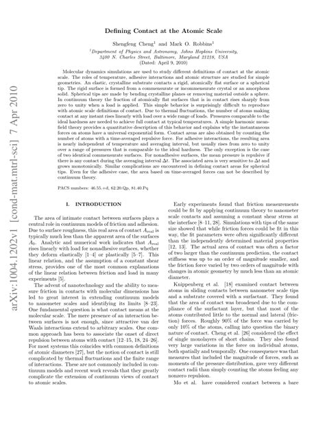 Pdf Defining Contact At The Atomic Scale